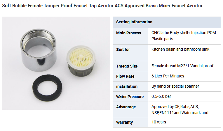 Female M22 Tamper Proof Water Saving Aerator made of Brass ACS Approved ...